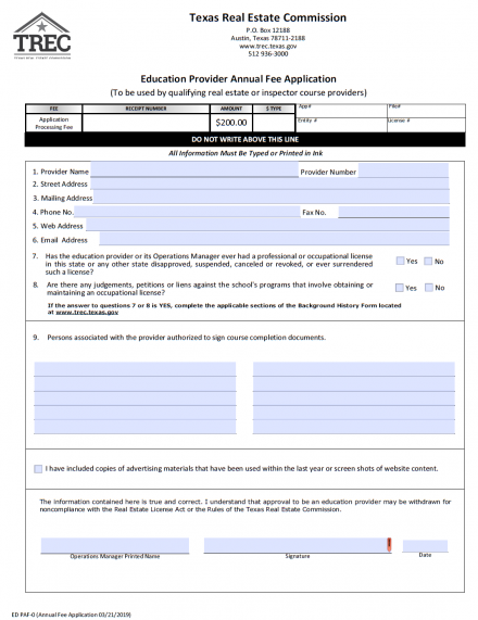Education Provider Annual Fee Application | TREC