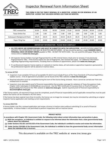 Renewal of Inspector License-Timely or Expired Less Than Six Months | TREC